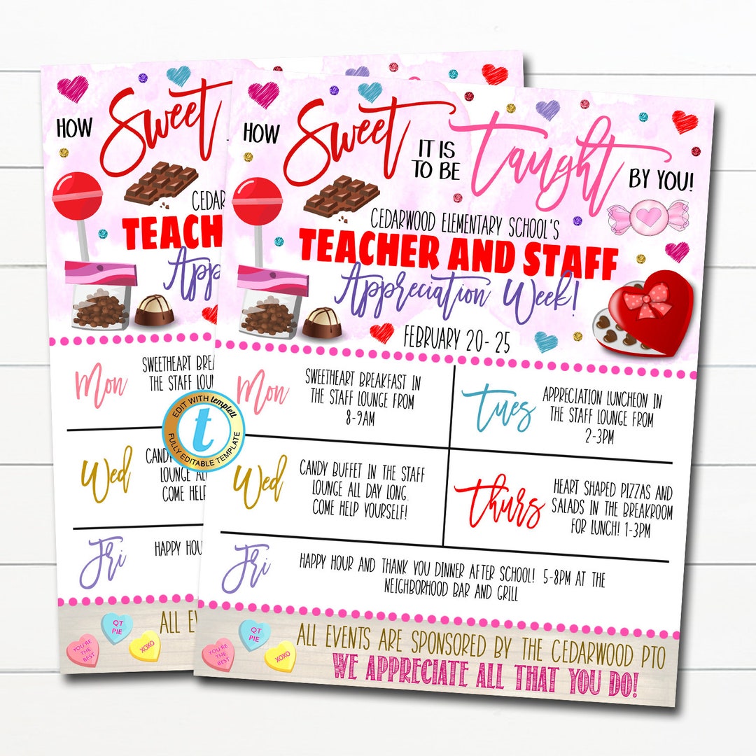 Valentine's Day Teacher Appreciation Week Itinerary Flyer Sweet Theme ...