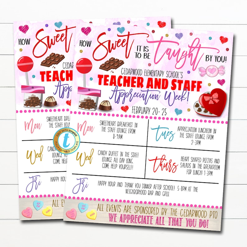 Valentine's Day Teacher Appreciation Week Itinerary Flyer | Etsy