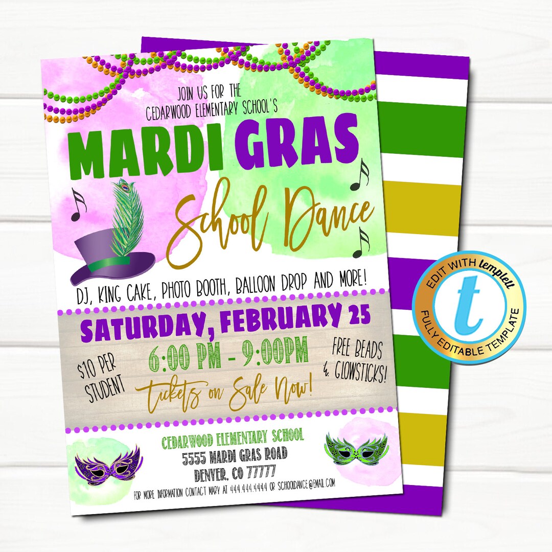 Mardi Gras Dance Flyer and Invitation, School Dance Church Pto Pta ...