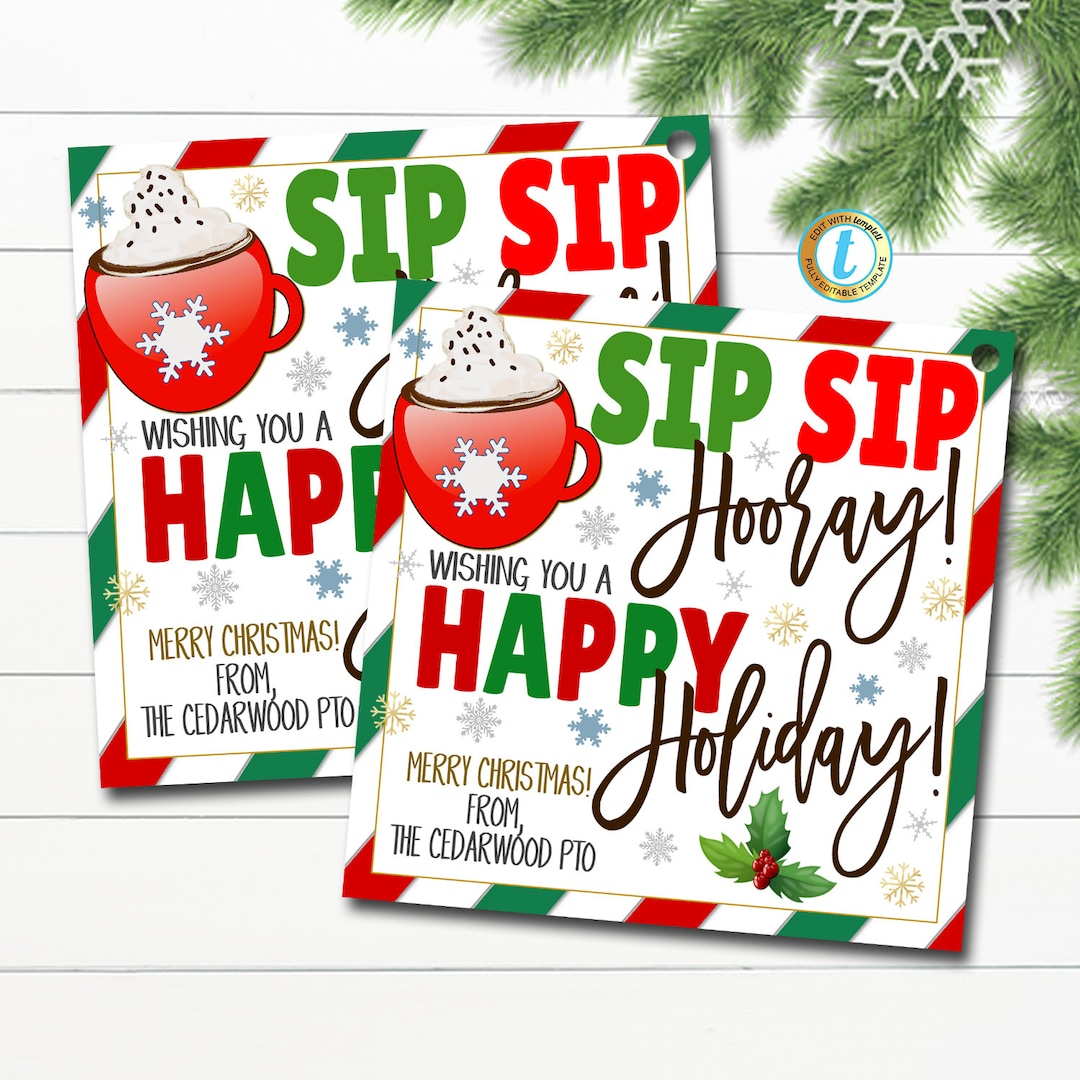 Christmas Hot Cocoa Gift Tags, Sip Sip Hooray Happy Holiday Staff ...