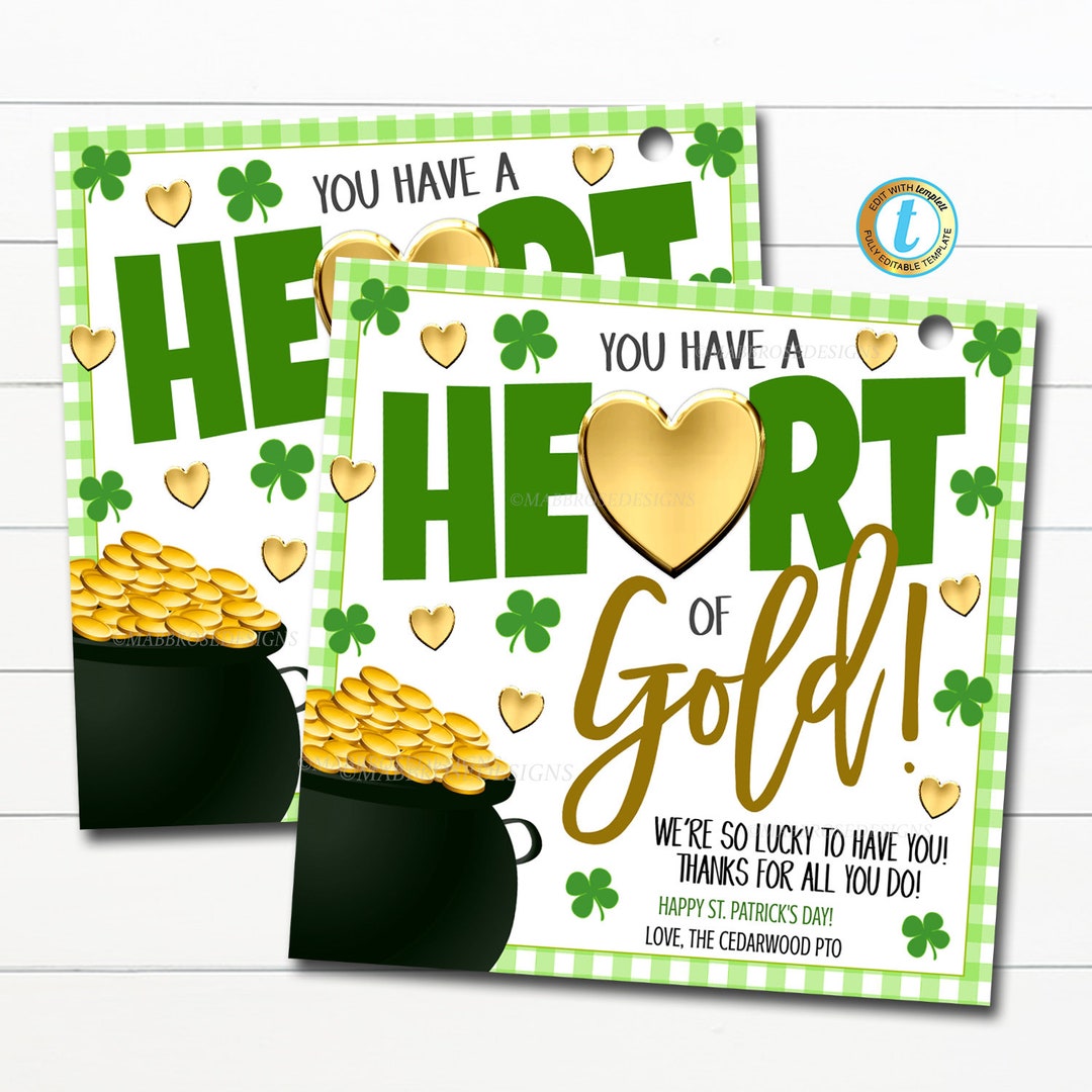 St. Patrick's Day Thank You Gift Tags, You Have a Heart of Gold ...