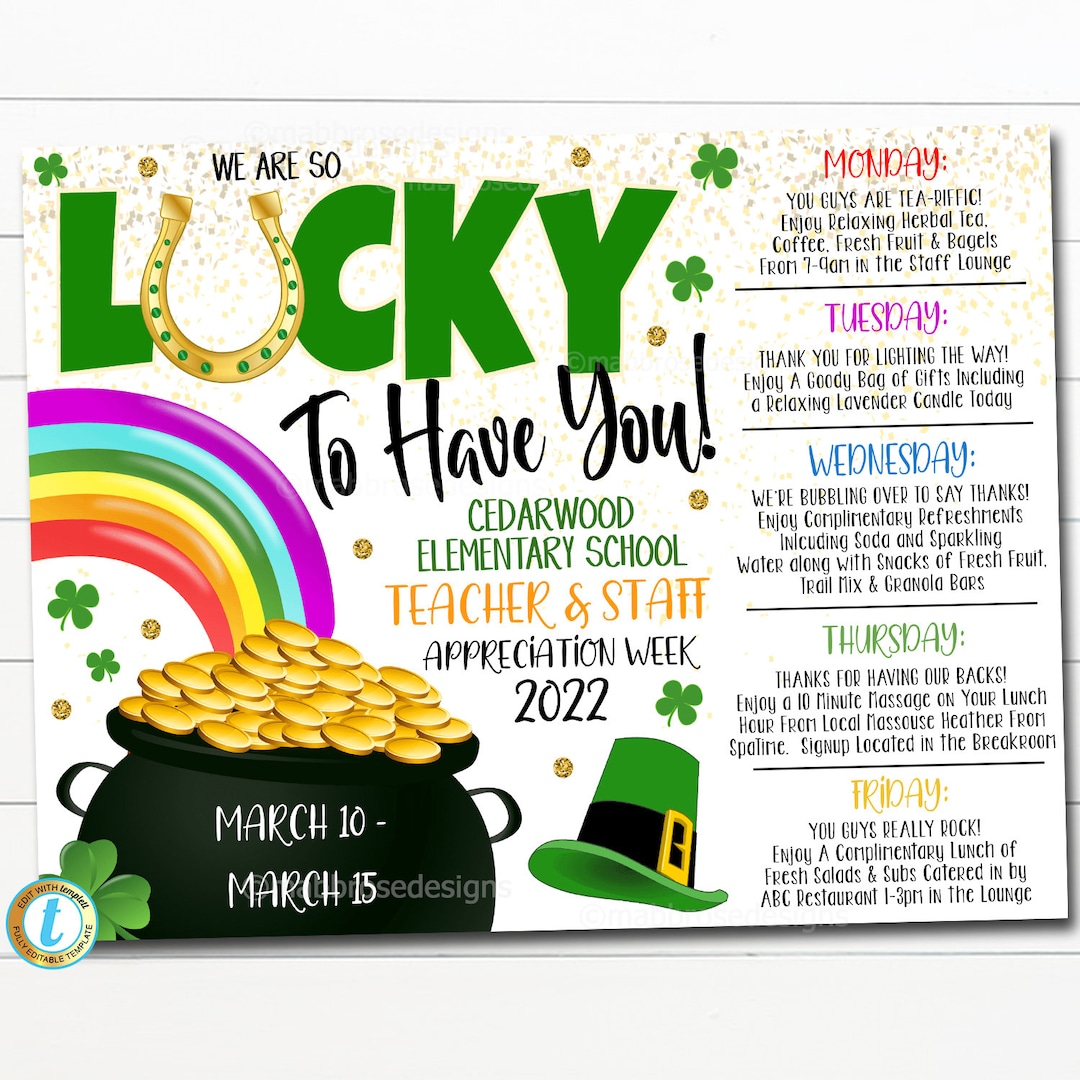 St. Patrick's Day Teacher Appreciation Week Itinerary, Lucky to Have ...