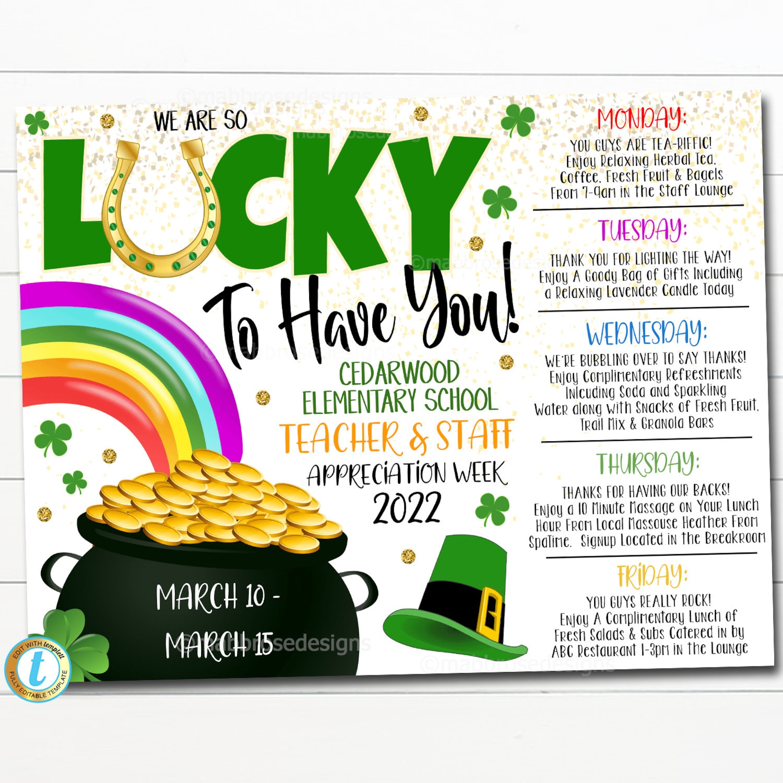 St. Patrick's Day Teacher Appreciation Week Itinerary - Etsy