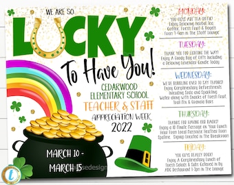 EDITABLE St. Patrick's Day Teacher Appreciation Week Itinerary, Lucky ...