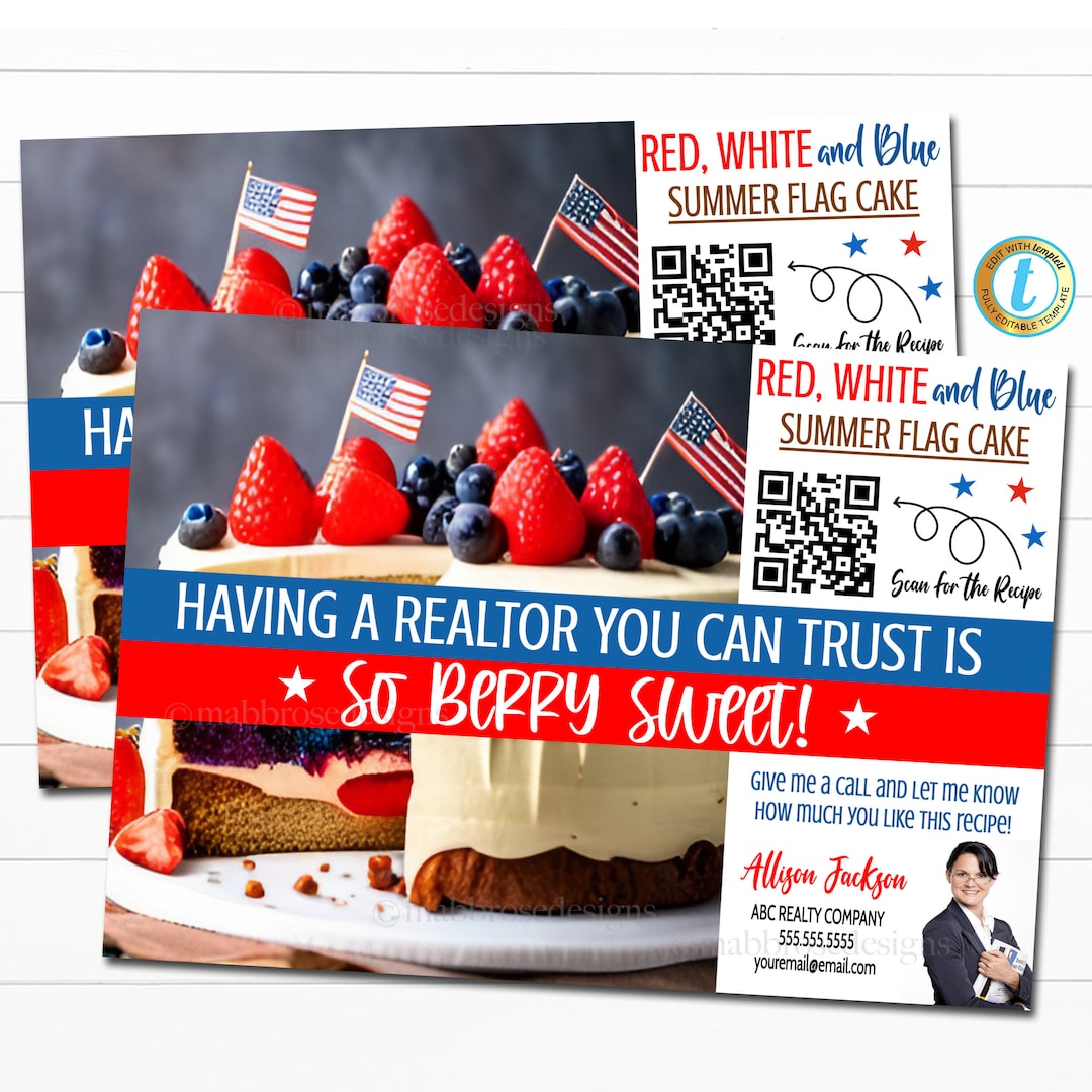4th of July Real Estate Postcard, Real Estate Flag Cake Recipe Card ...