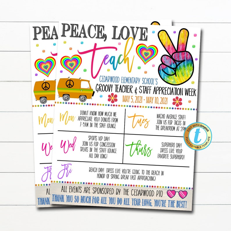 Teacher Appreciation Week Itinerary, Peace Love Teach, Groovy Hippie 60 ...