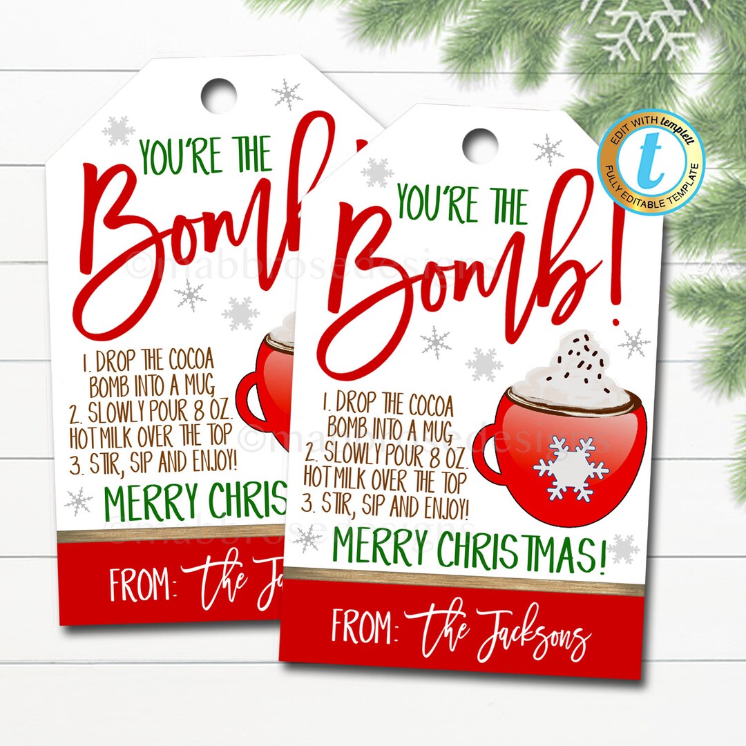 Christmas Gift Tags, Hot Cocoa Bomb, Hot Chocolate Recipe Tag Holiday ...