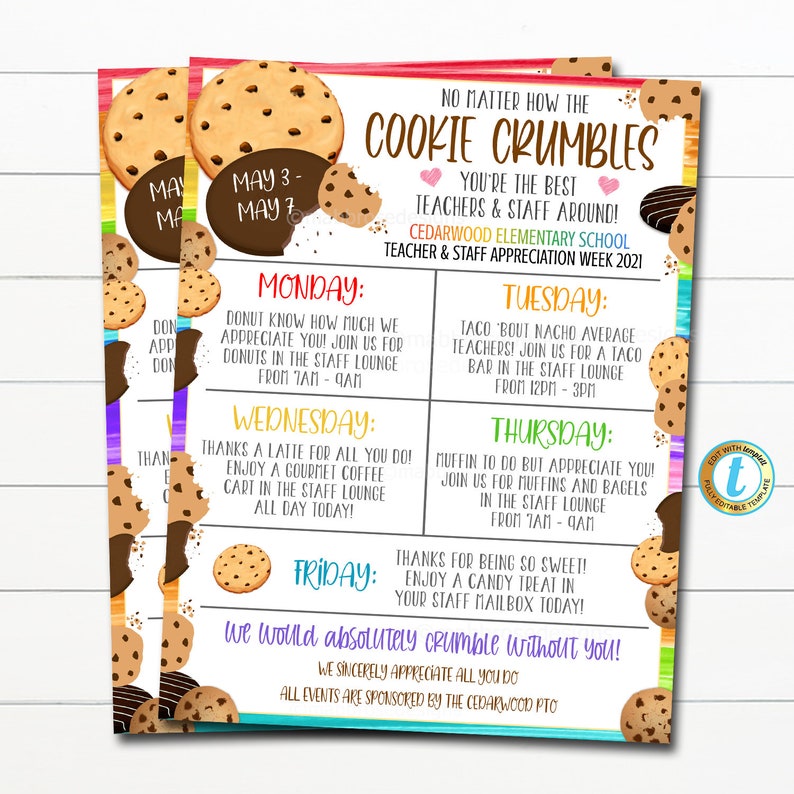 Teacher Appreciation Week Itinerary, Cookie Theme, No Matter How the ...