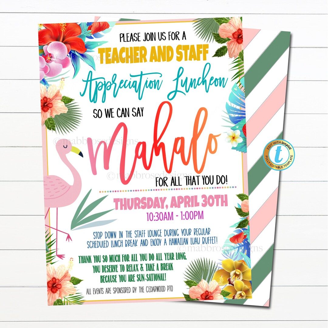 Luau Teacher Appreciation Week Invitation, Tropical Hawaii You Are Sun ...