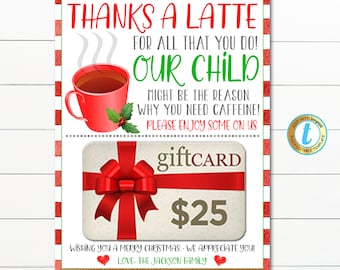 EDITABLE Christmas Thanks a Latte Coffee Gift Card Holder Printable ...