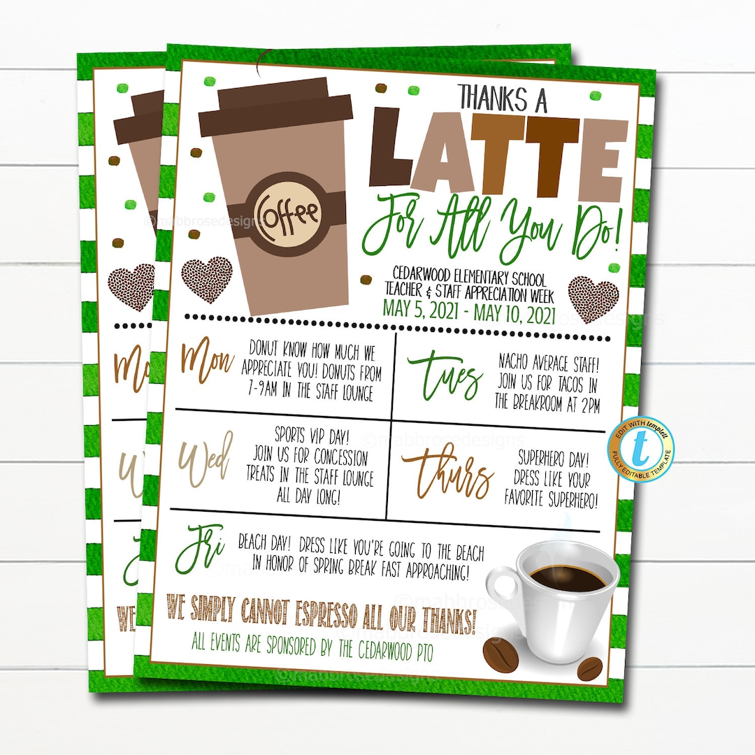 Teacher Appreciation Week Itinerary, Coffee Theme, Thanks a Latte ...