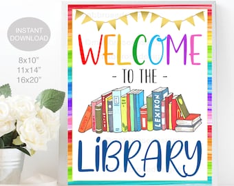 Welcome Library School Sign, Classroom Decor, Printable School Library ...