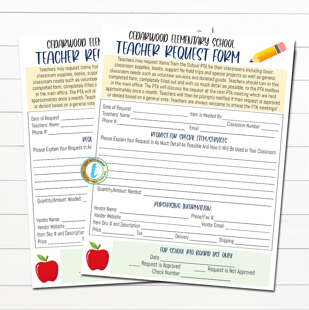 Printable PTO PTA Teacher Request Form, School Donations Form, Supplies Request Application Form ...
