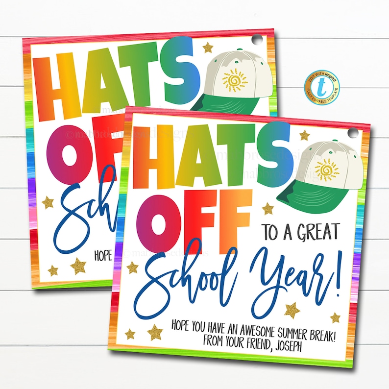 Hat Gift Tags, Hats off to a Great School Year Tag, Kid Classroom ...