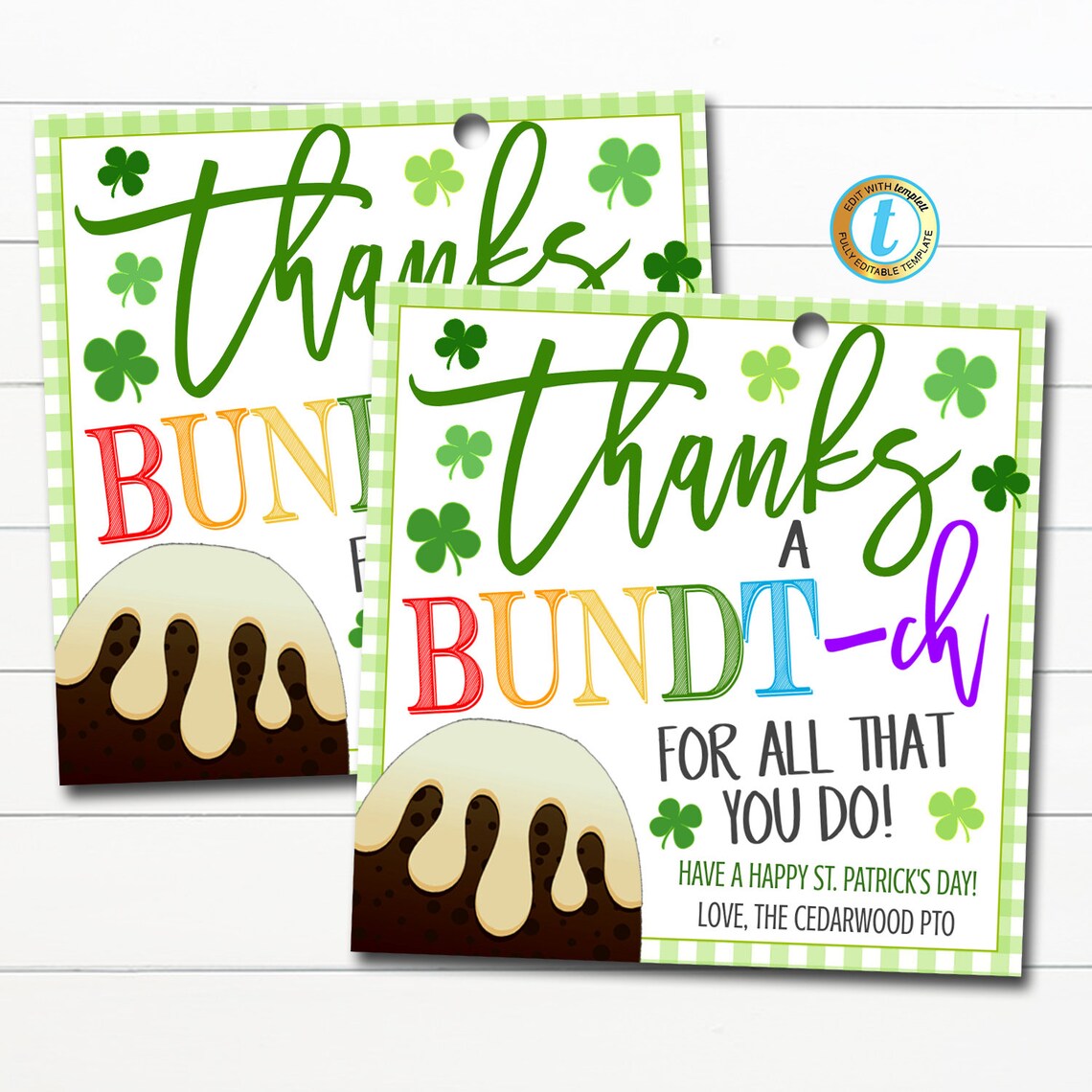 St. Patrick's Day Bundt Cake Gift Tag, Thanks a Bundtch for All You Do ...