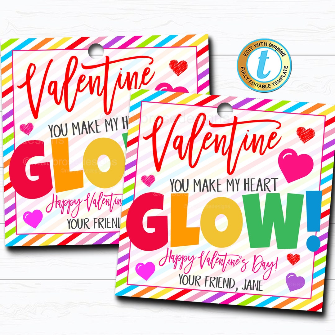 Valentine Gift Tags, You Make My Heart Glow, Valentine Glowstick Tag ...