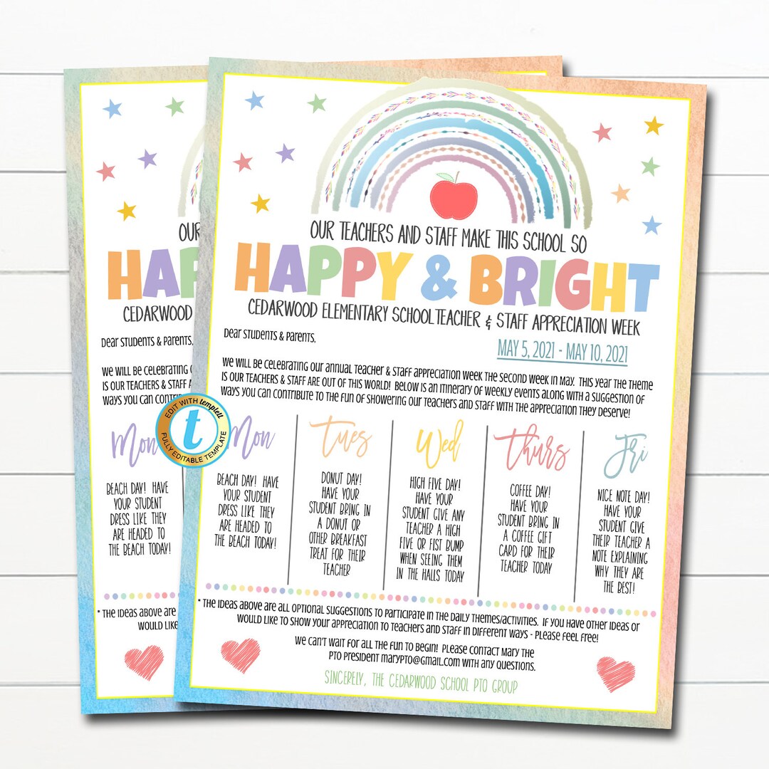 Teacher Appreciation Week Itinerary, Student Family Take Home ...