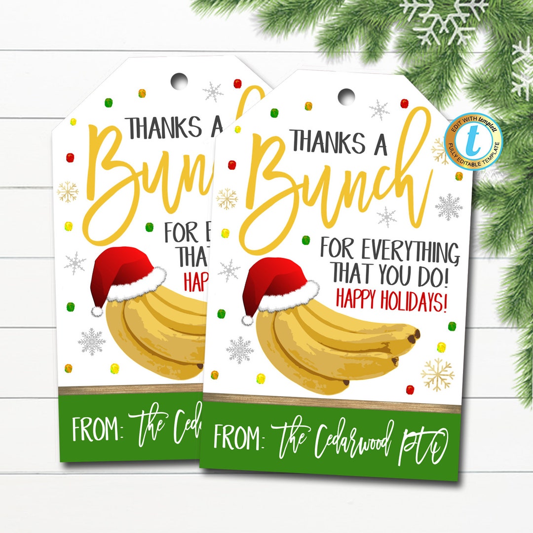 Christmas Banana Gift Tags, Thanks a Bunch Holiday Fruit Thank You ...