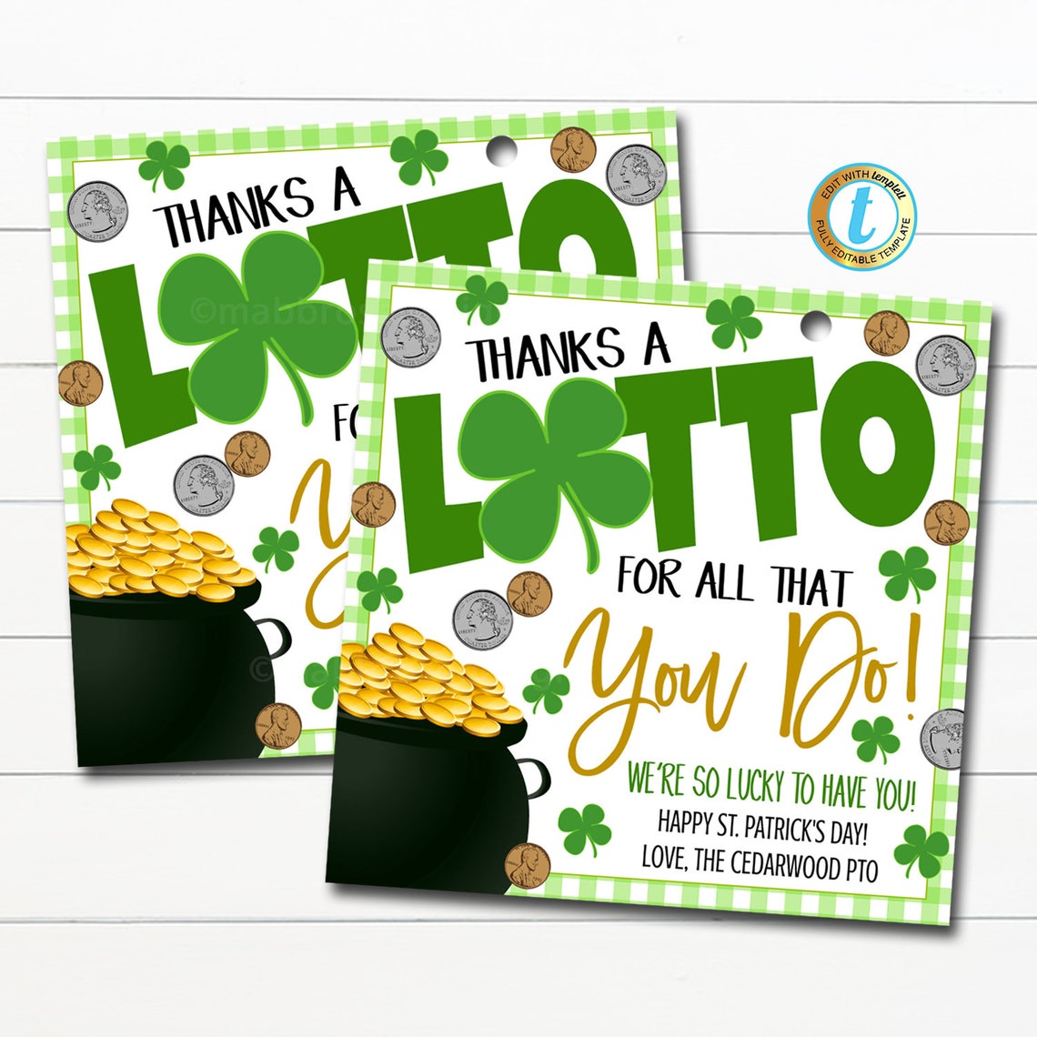St. Patrick's Day Appreciation Gift Tags Thanks a Lotto - Etsy