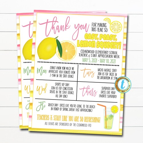 Teacher Appreciation Week Schedule Itinerary Easy Peasy Lemon - Etsy