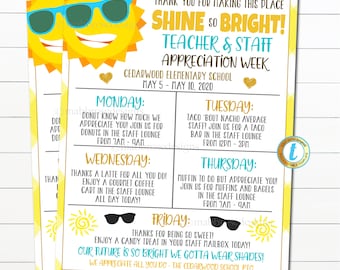 EDITABLE Teacher Appreciation Week Itinerary, Appreciation Shine so ...