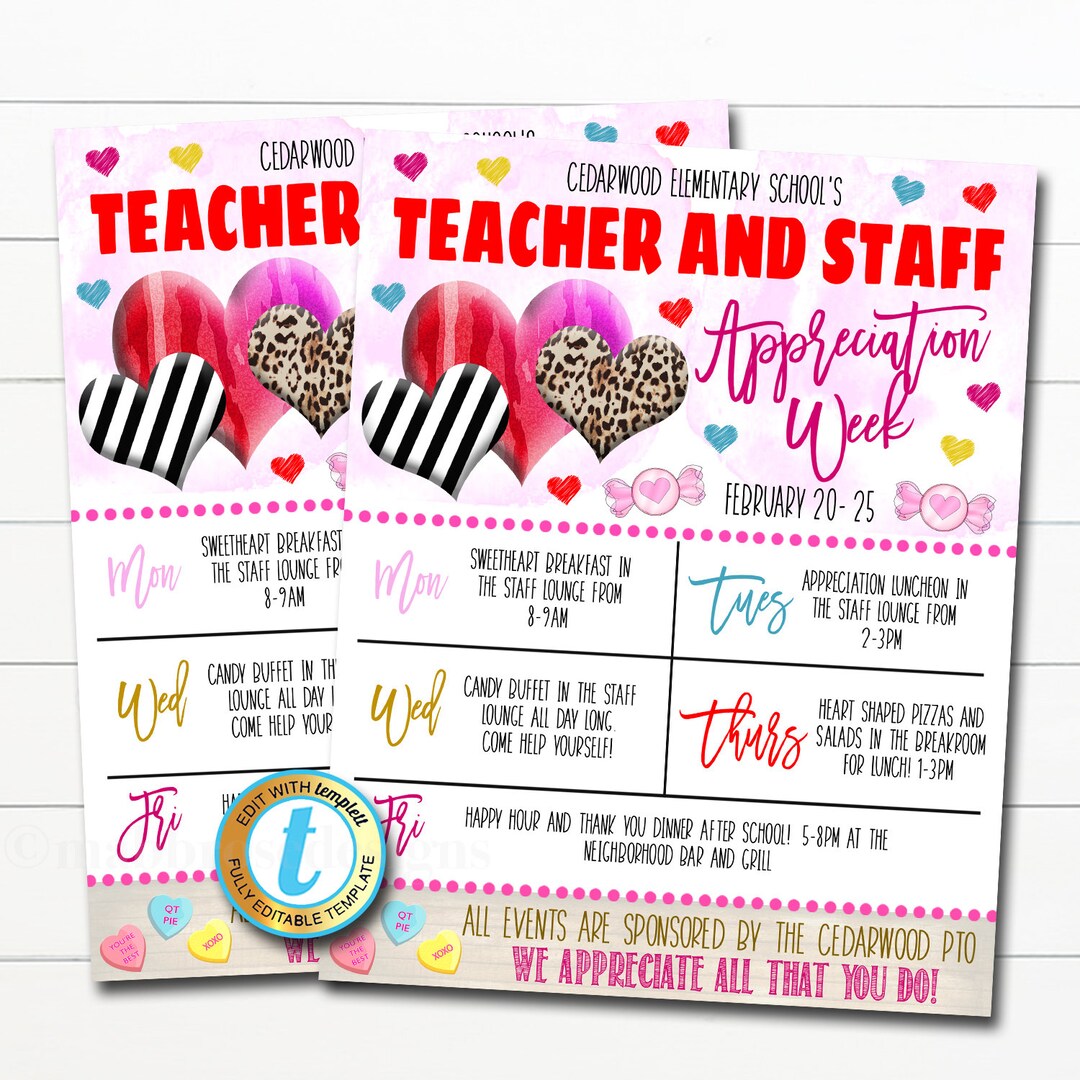 Valentine's Day Teacher Appreciation Week Itinerary Flyer Heart Theme ...