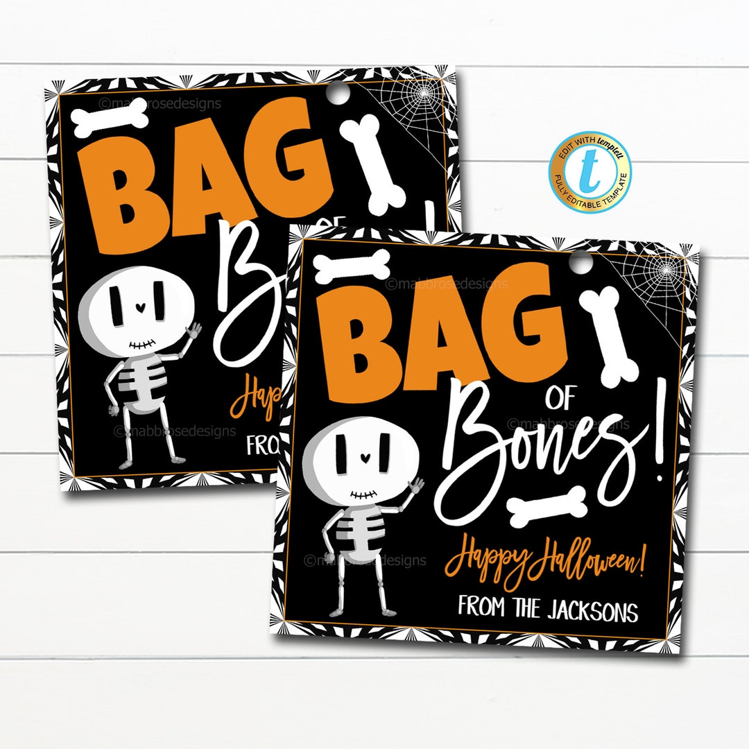 Halloween Gift Tags, Skeleton Bag of Bones Favor Tags, Kids Trick or ...