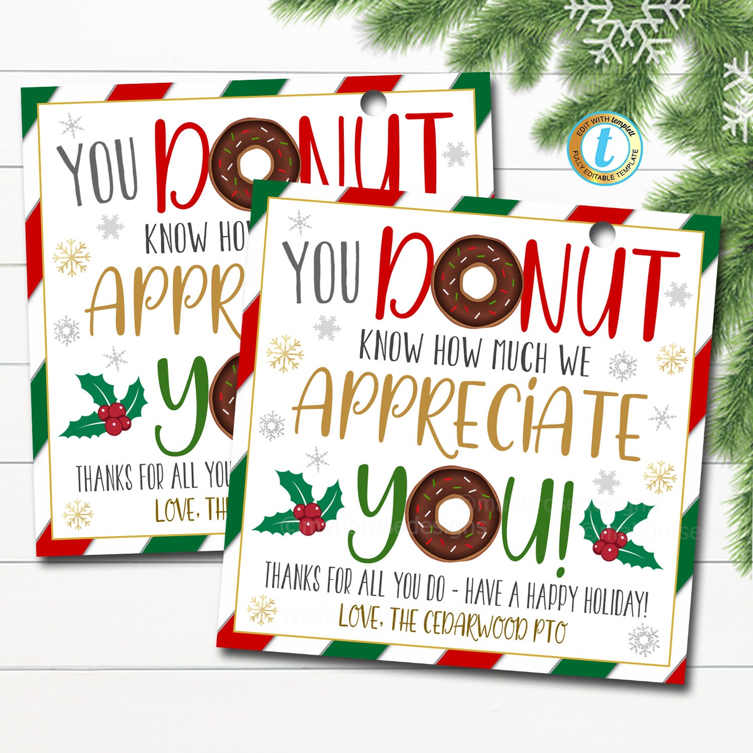 Christmas Donut Gift Tag, Teacher Staff Nurse Employee Appreciation ...