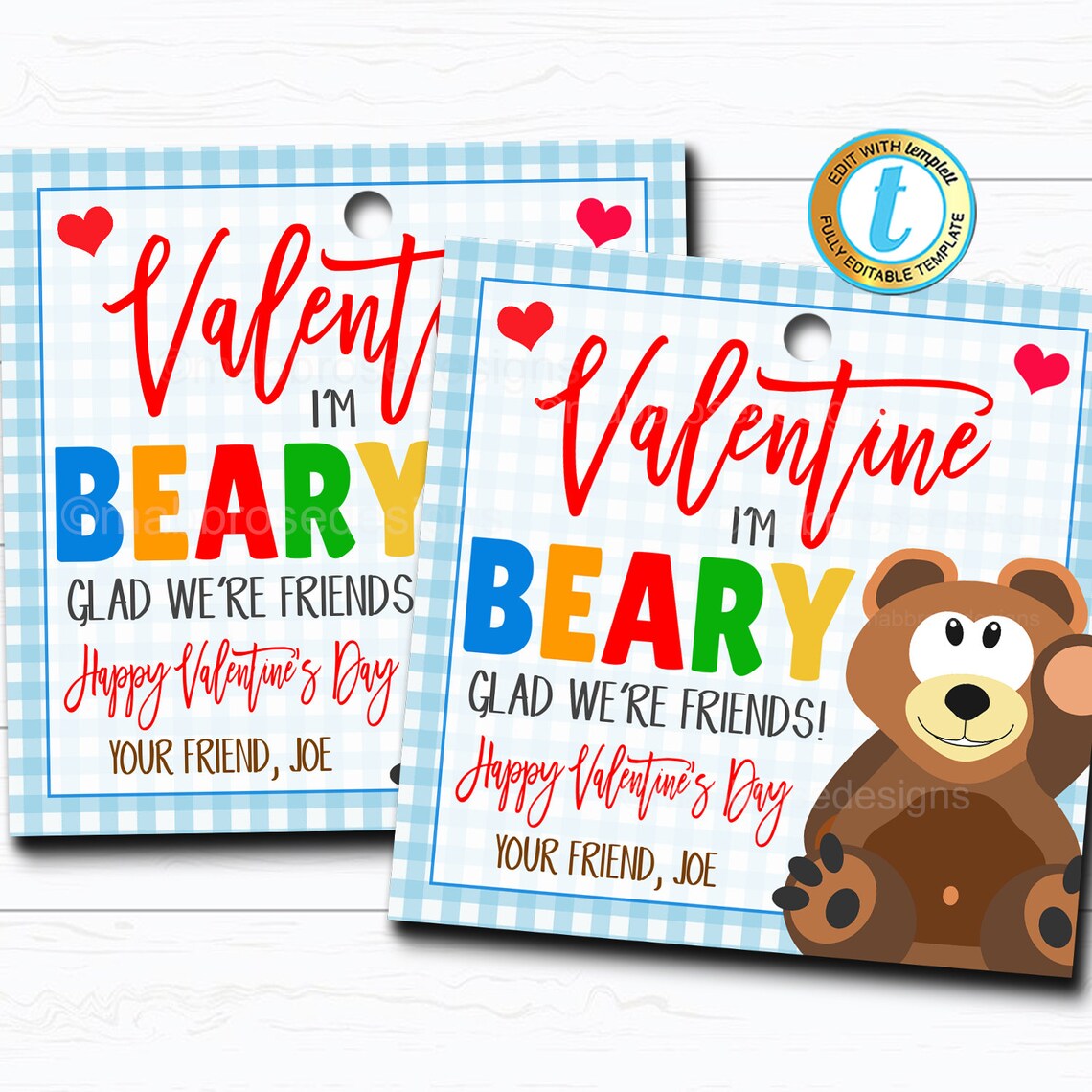 Valentine Bear Tags I'm Beary Glad We're Friends - Etsy