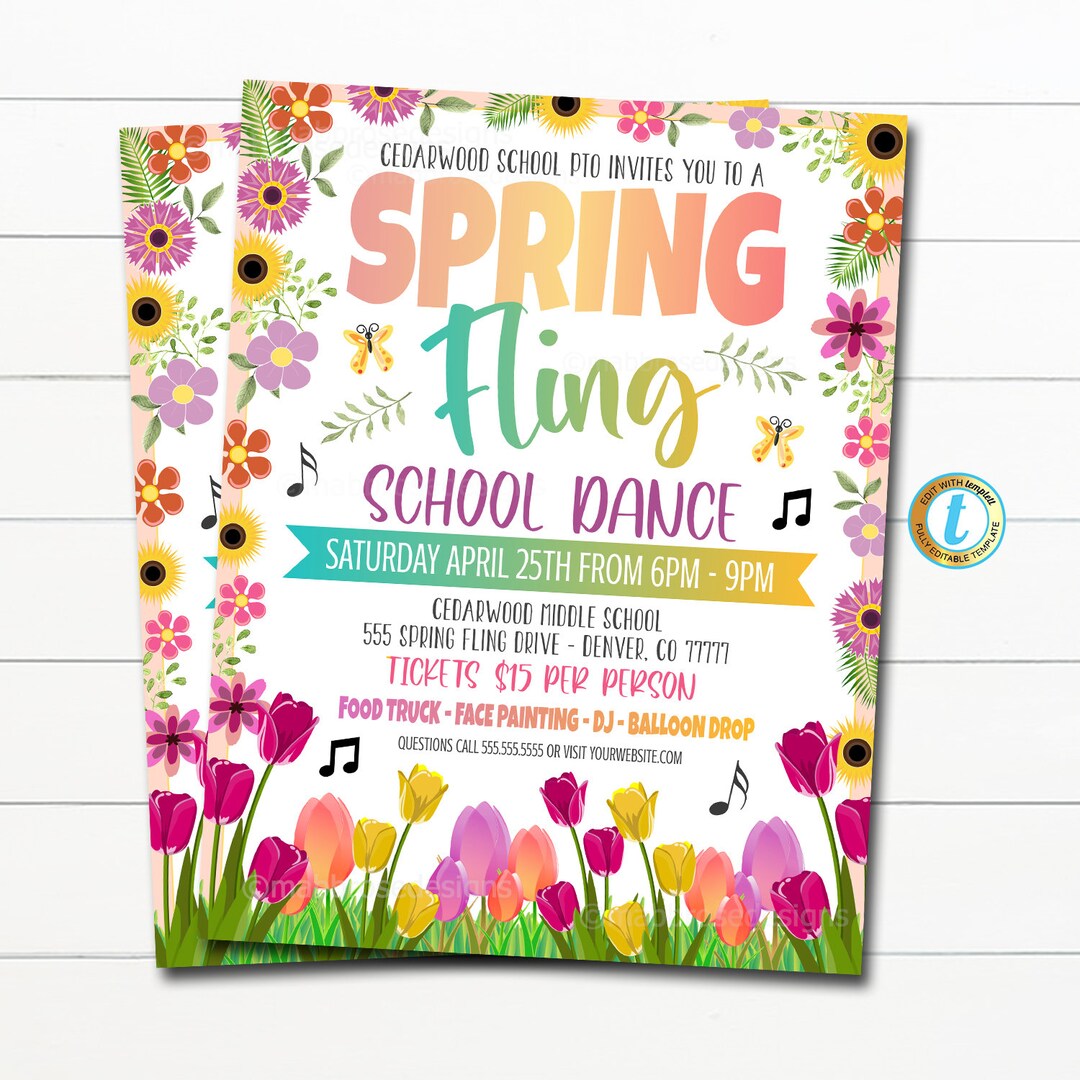 EDITABLE Spring Fling School Dance Flyer, Easter Party Invitation ...