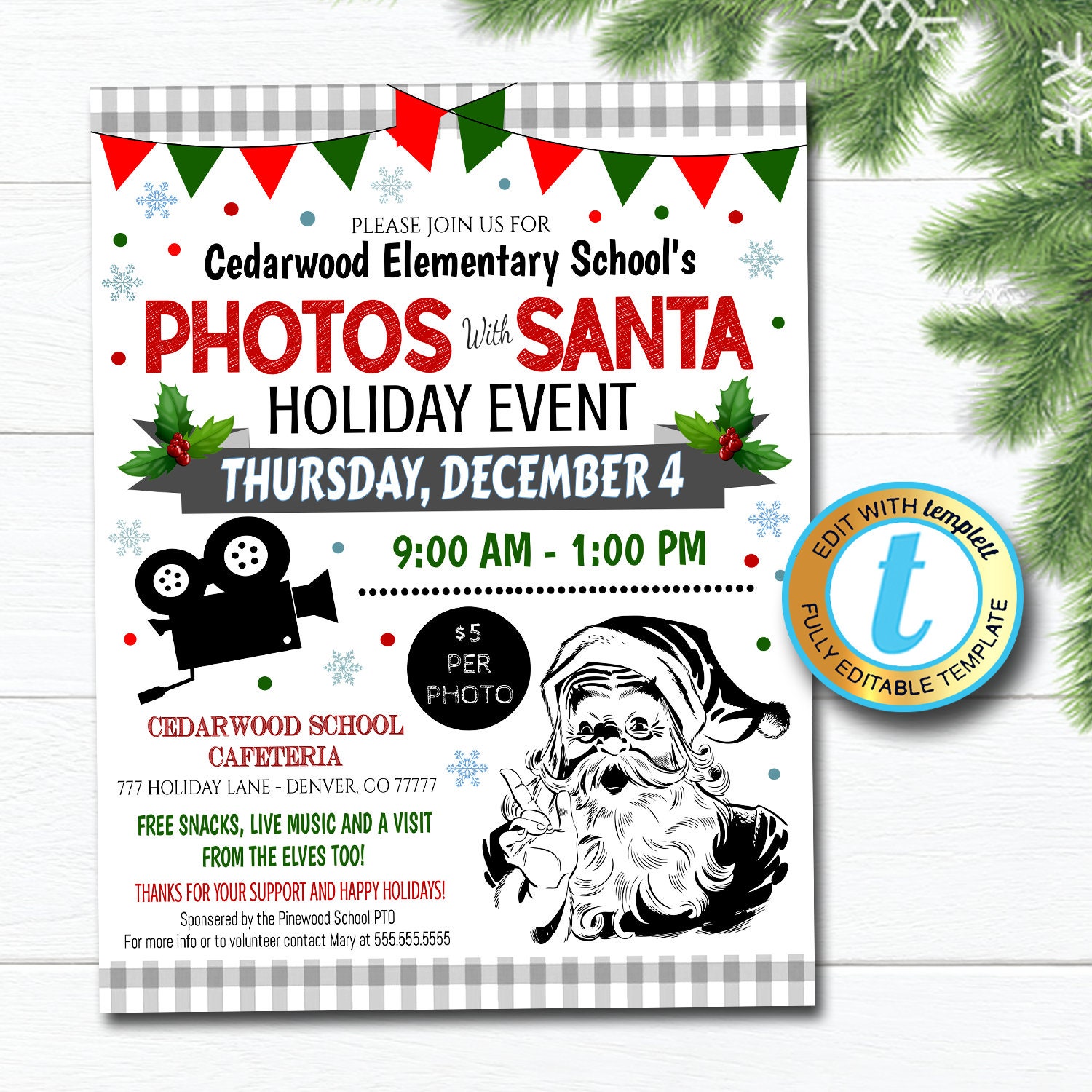 Photos With Santa Flyer, Holiday Santa Invitation, School Church Pto ...