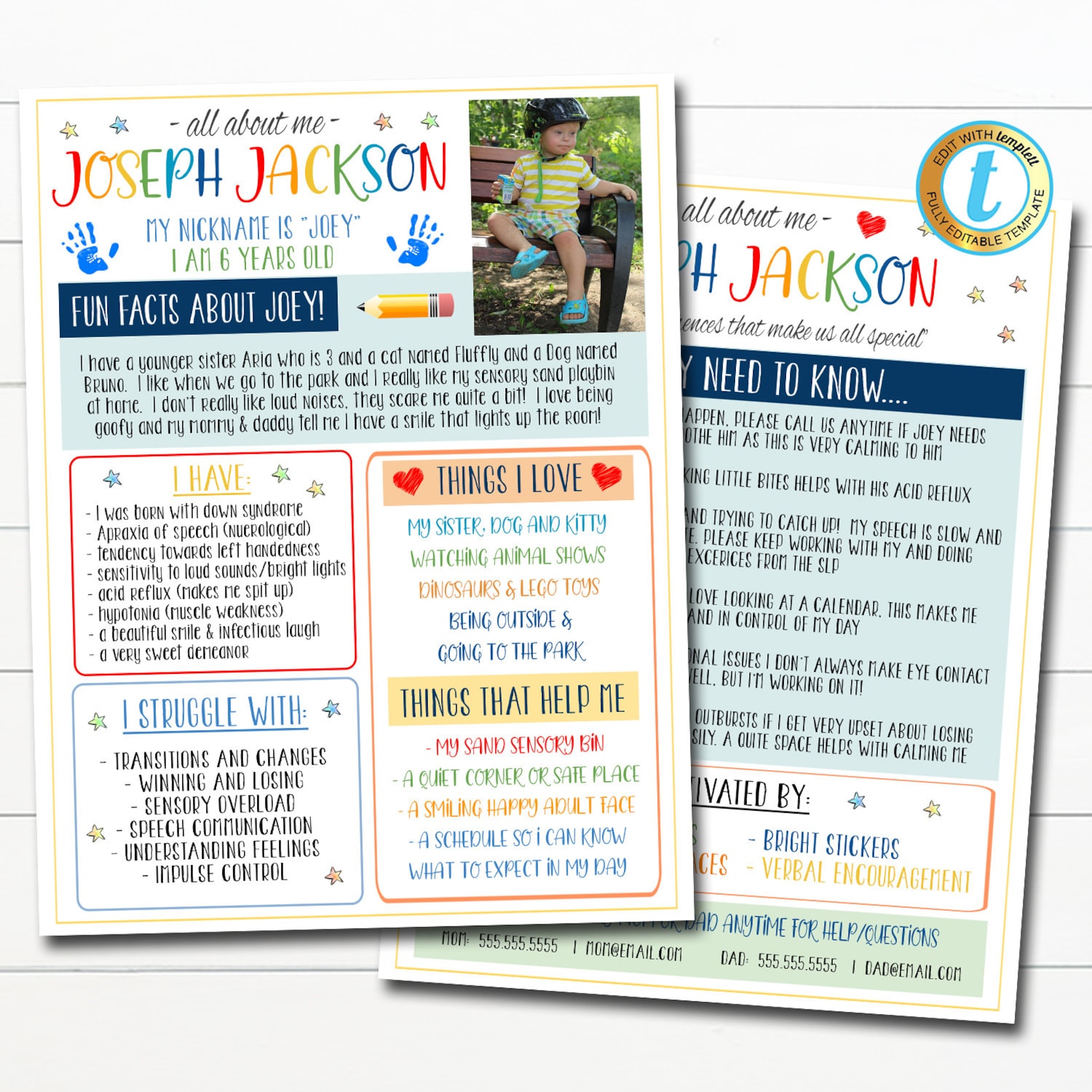Back to School All About Me Child Info Template Teacher/therapist ...