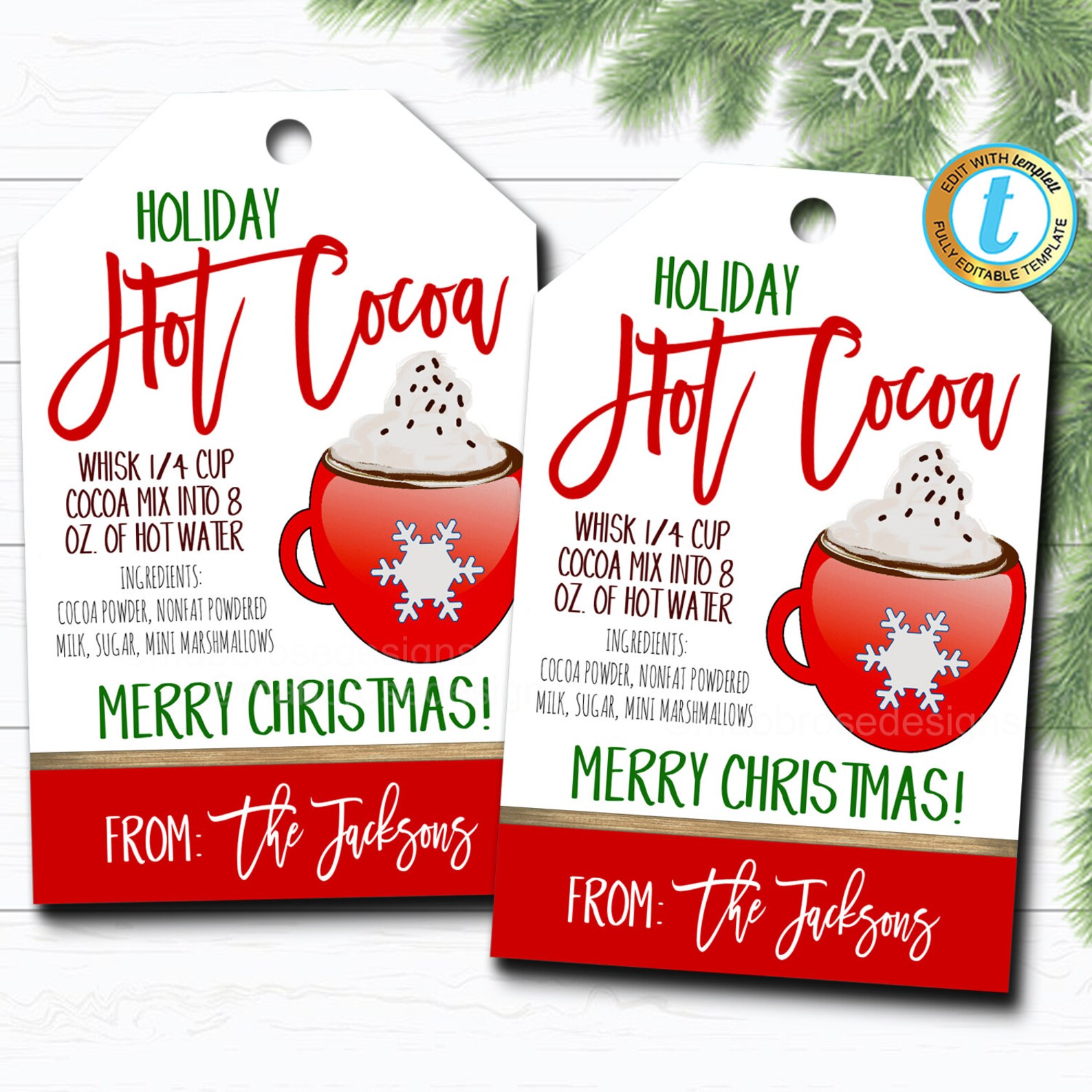 Christmas Gift Tags, Hot Cocoa, Hot Chocolate Recipe Tag Holiday ...
