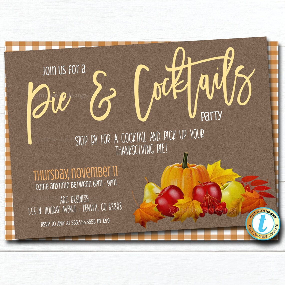 Pie Party Invite Editable Cocktails and Pie Party Fall | Etsy