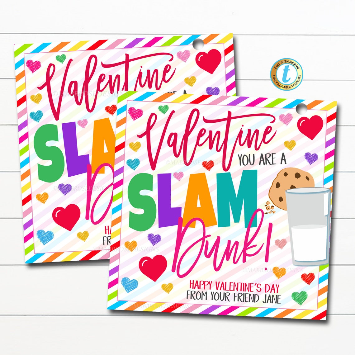 Valentine Milk and Cookies Gift Tag, You're a Slam Dunk! Teacher Staff ...