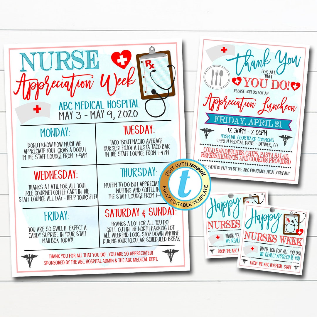 Nurse Appreciation Week Set, Invite, Itinerary Thank You Healthcare ...