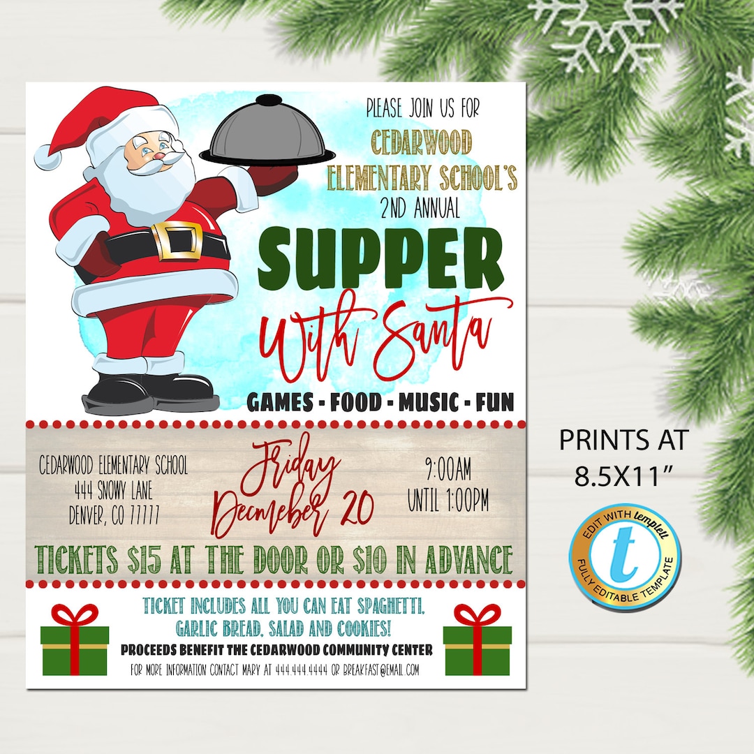 Supper With Santa Flyer, Christmas School Church Pto Pta, Holiday Kids ...