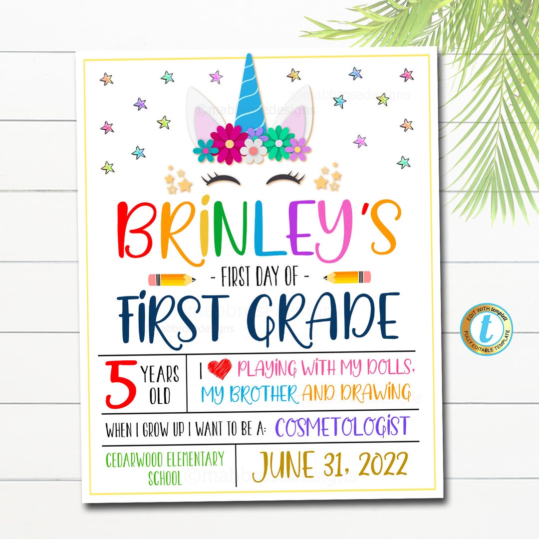 Unicorn First Day of School Sign, Editable First Day of Kindergarten ...
