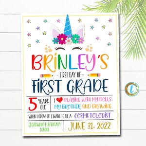 Unicorn First Day of School Sign, Editable First Day of Kindergarten ...
