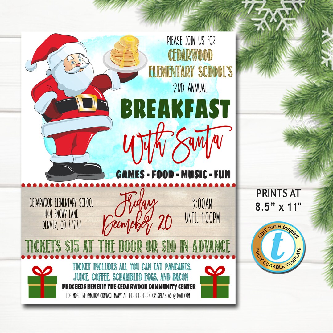 Breakfast With Santa Flyer, Christmas School Church Pto Pta, Holiday ...
