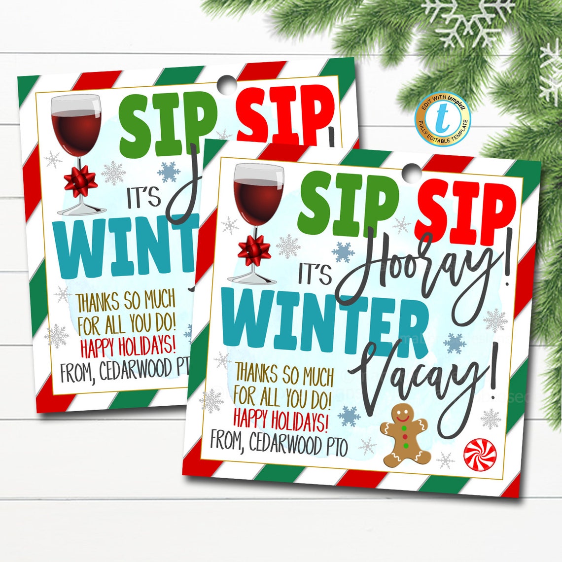 Christmas Sip Sip Hooray Winter Vacay Teacher Thank You Tag - Etsy