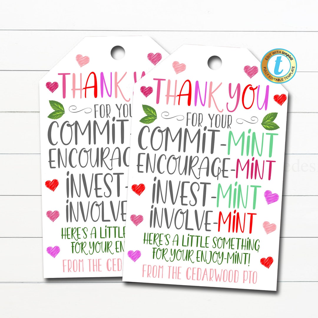 Valentine Thank You Mint Tags, Thank You Gift, School Pto Pta Volunteer ...