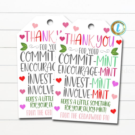 Valentine Thank You Mint Tags Thank You Gift School Pto Pta | Etsy