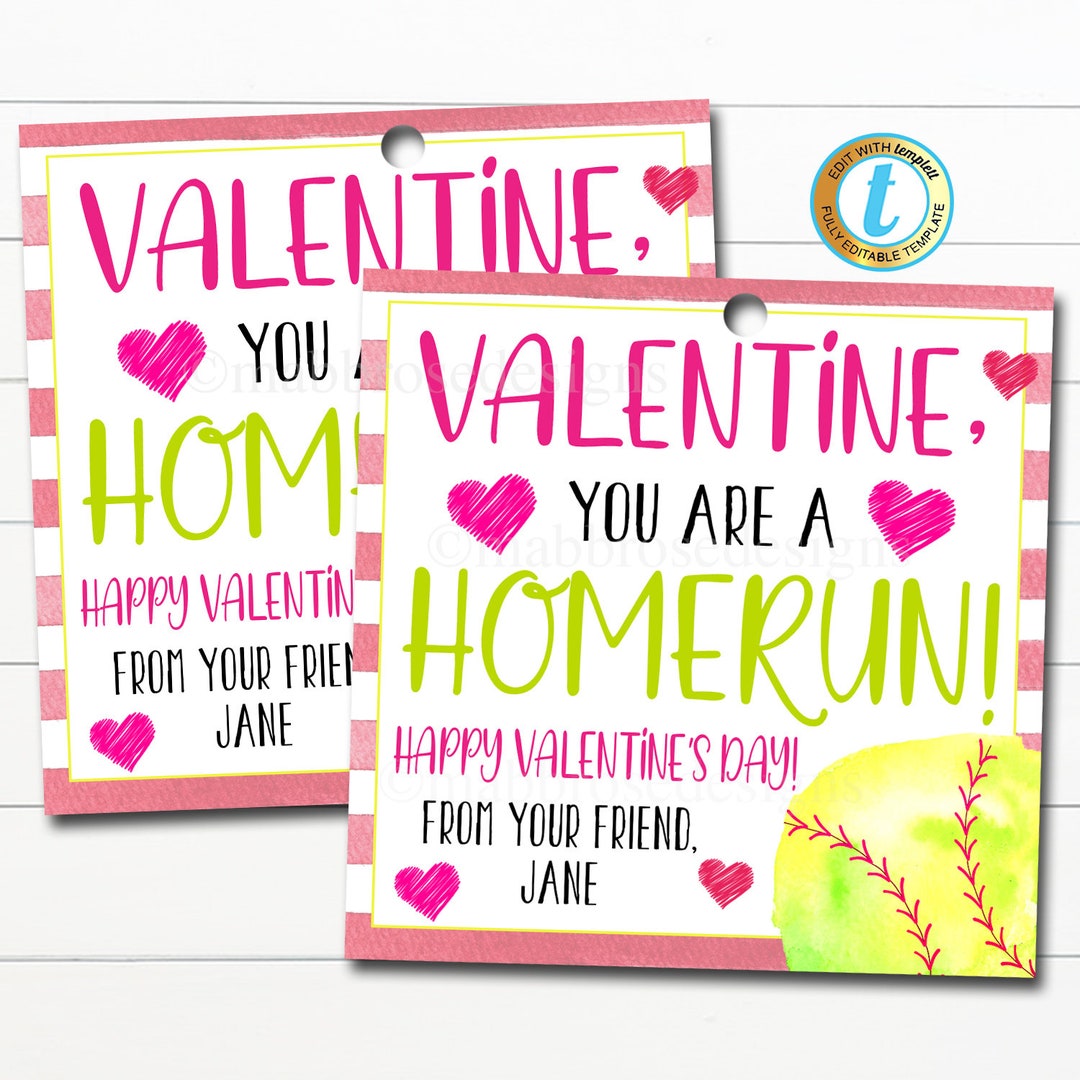 Softball Valentines, Girl Sports Valentine Card Gift, Classroom Party ...
