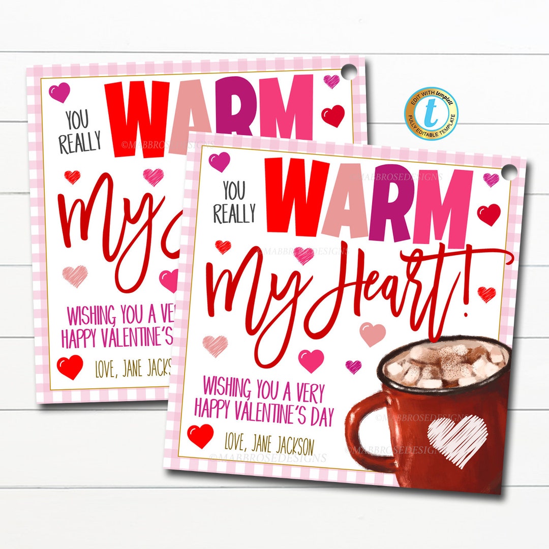 Valentine Hot Cocoa Gift Tags, You Warm My Heart Valentine Tag, Hot ...