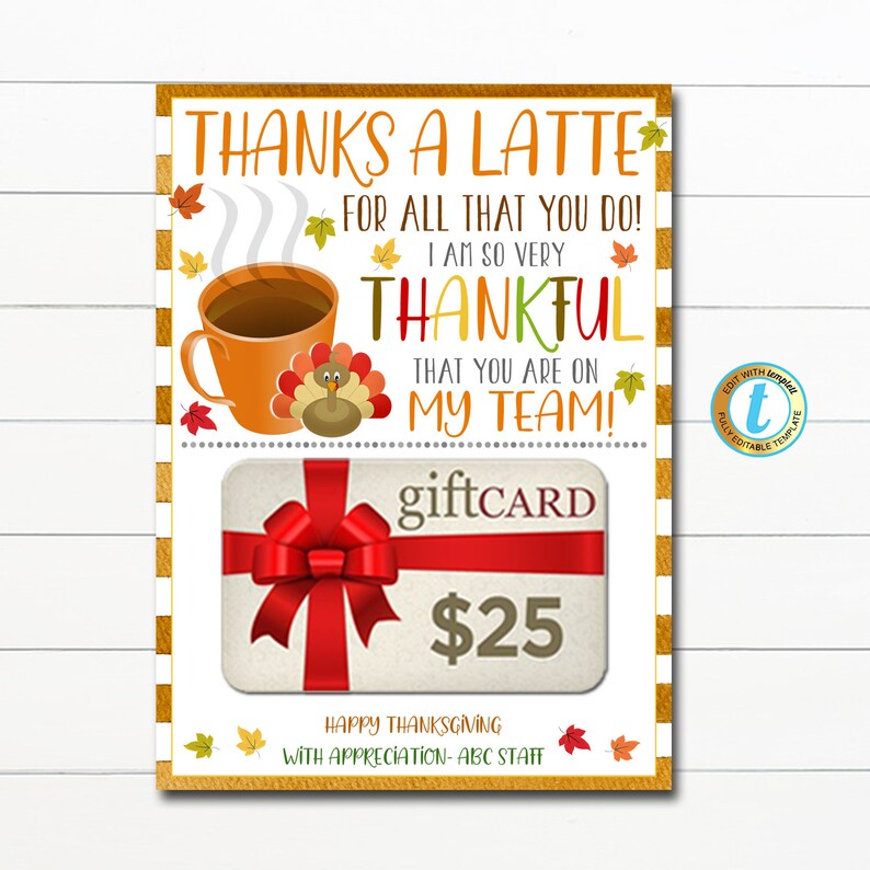 Thanksgiving Coffee Gift Card Holder, Thanks a Latte for All You Do ...