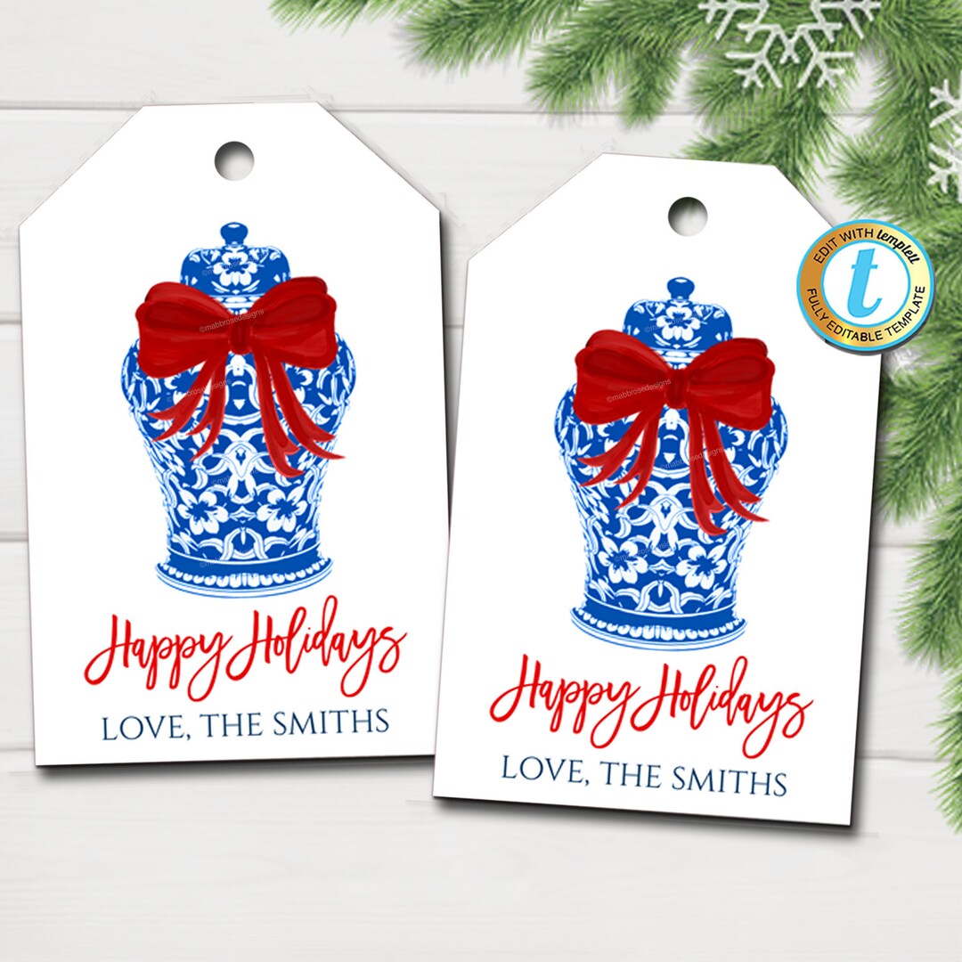 Christmas Ginger Jar Gift Tags, Xmas Gift Label Red Ribbon, Preppy ...