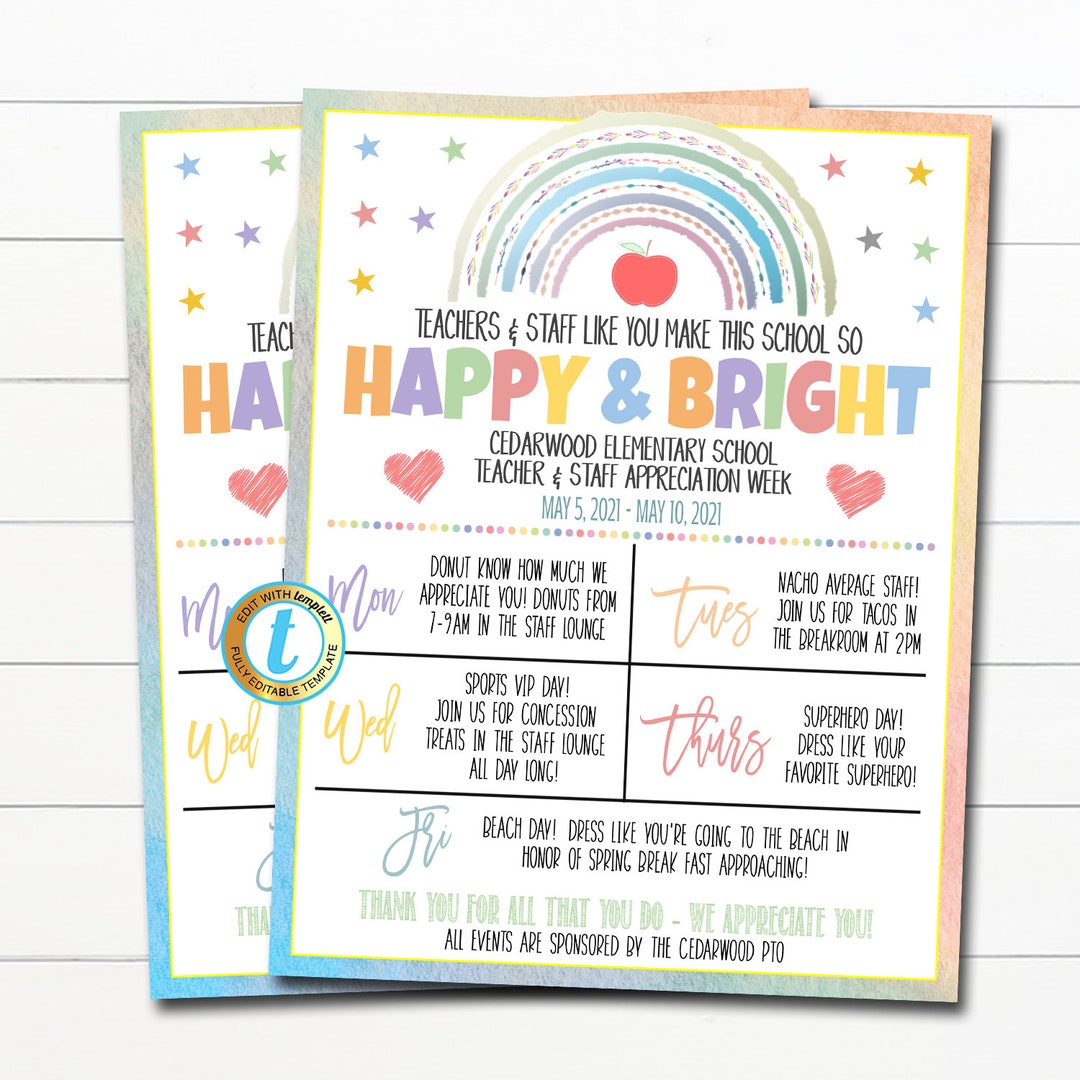 Teacher Appreciation Week Itinerary, Make This School so Bright & Happy ...