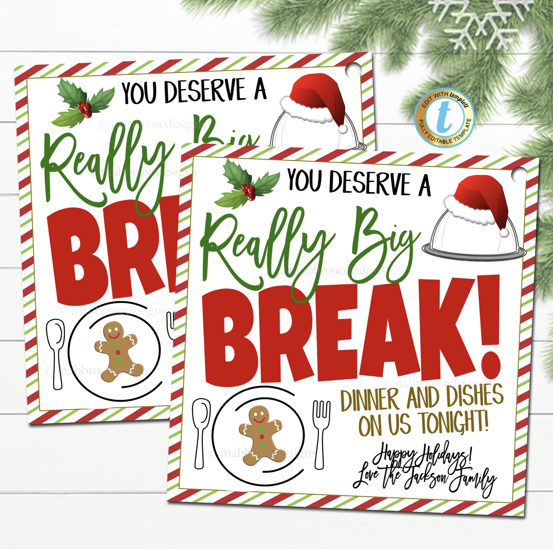You Deserve A Break, Dinner & Dishes on Us Gift Tag, Christmas Gift ...