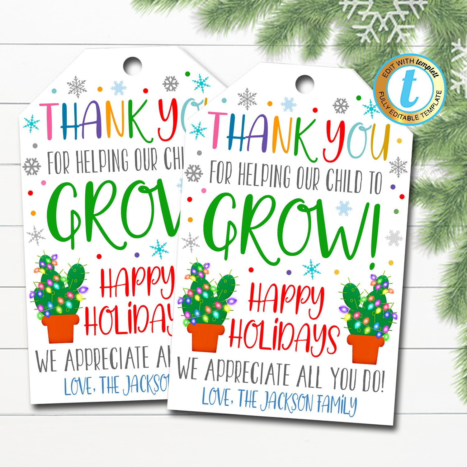 Christmas Teacher Gift Tags, Thanks for Helping Our Child Grow ...